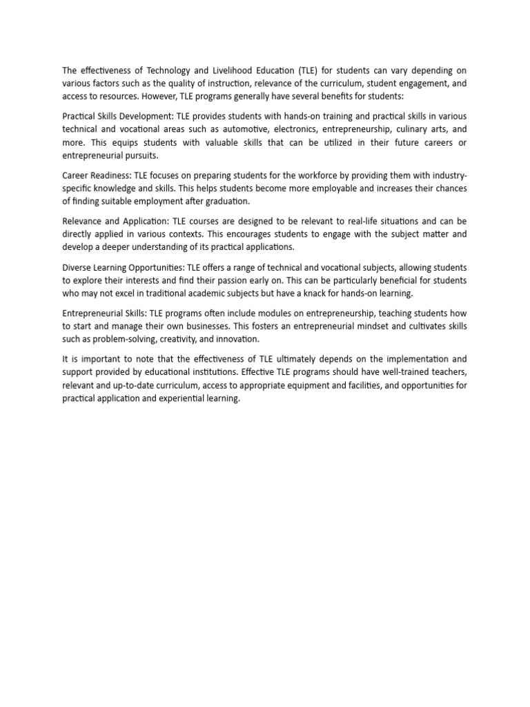 Importance of TLE As A Subject | PDF