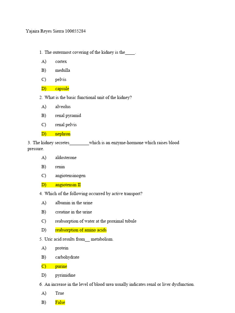 Urinary System Exercises | Download Free PDF | Kidney | Angiotensin