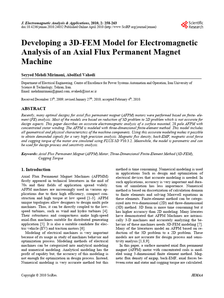 Developing A 3D FEM Model For Electromagnetic Analysis of An Axil Flux Permanent Magnet Machine ...