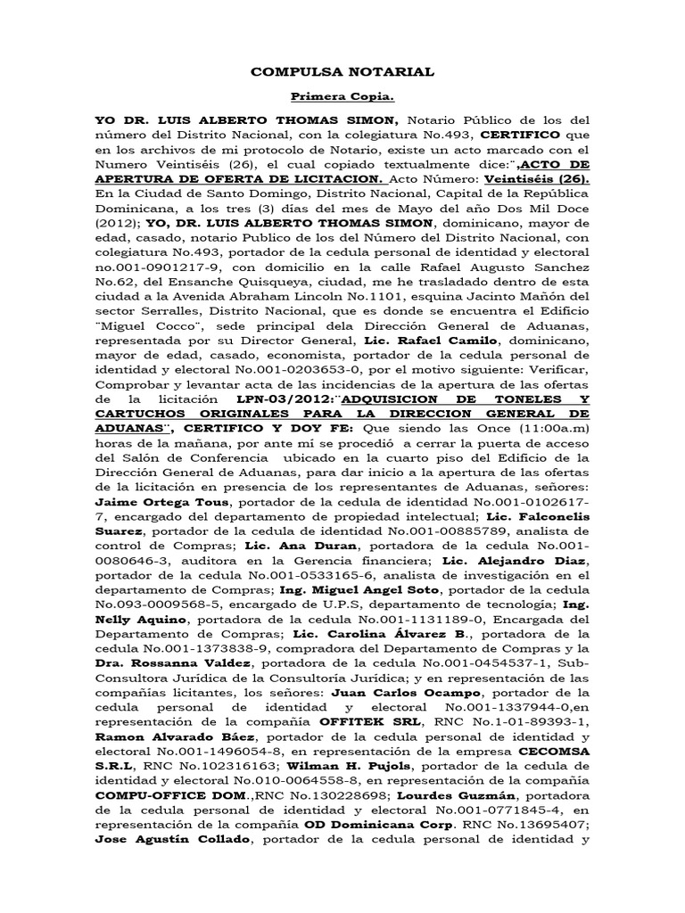 Compulsa Notarial Del Acto de Apertura de Oferta de Licitacion. | PDF ...