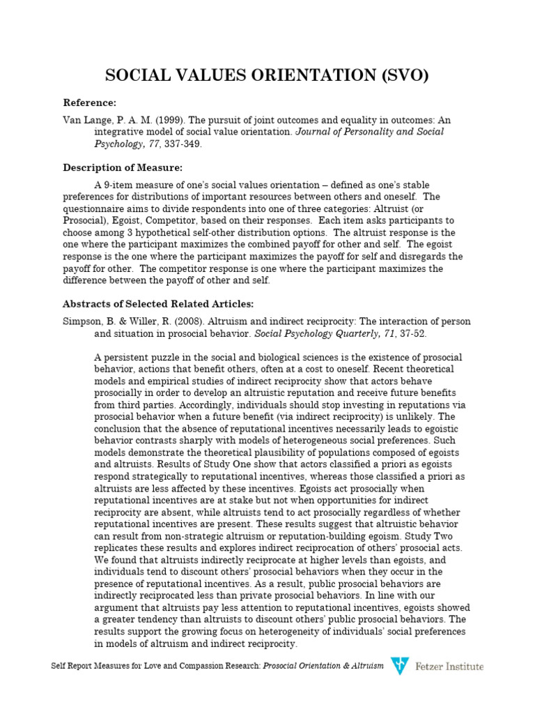 Social Values Orientation Measure | PDF | Altruism | Psychology