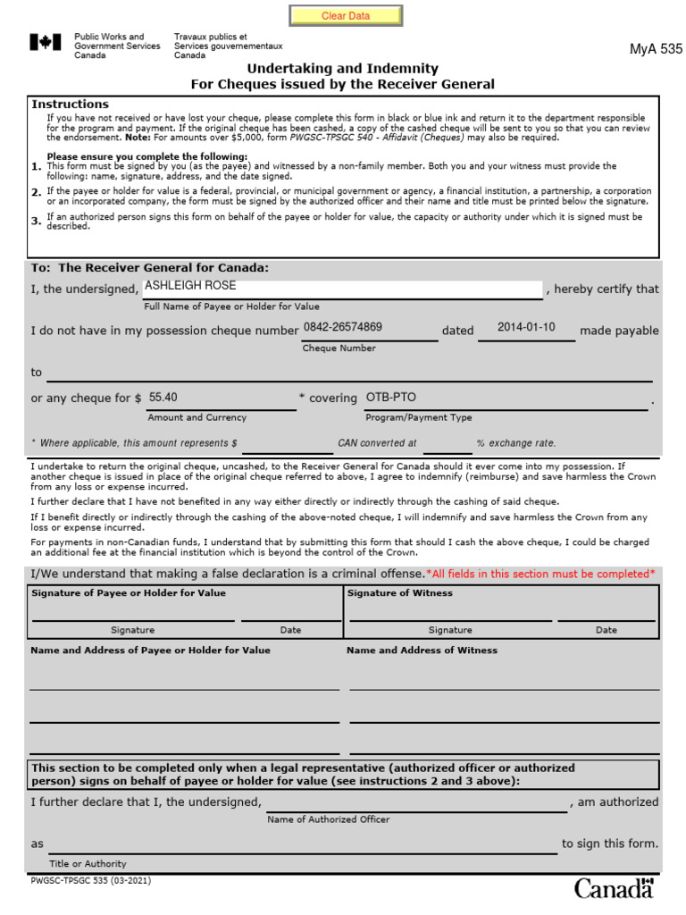 PWGSC 535 Undertaking and Indemnity Form | PDF | Finance & Money Management