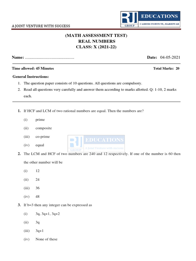 Real Numbers Test | PDF | Numbers | Discrete Mathematics
