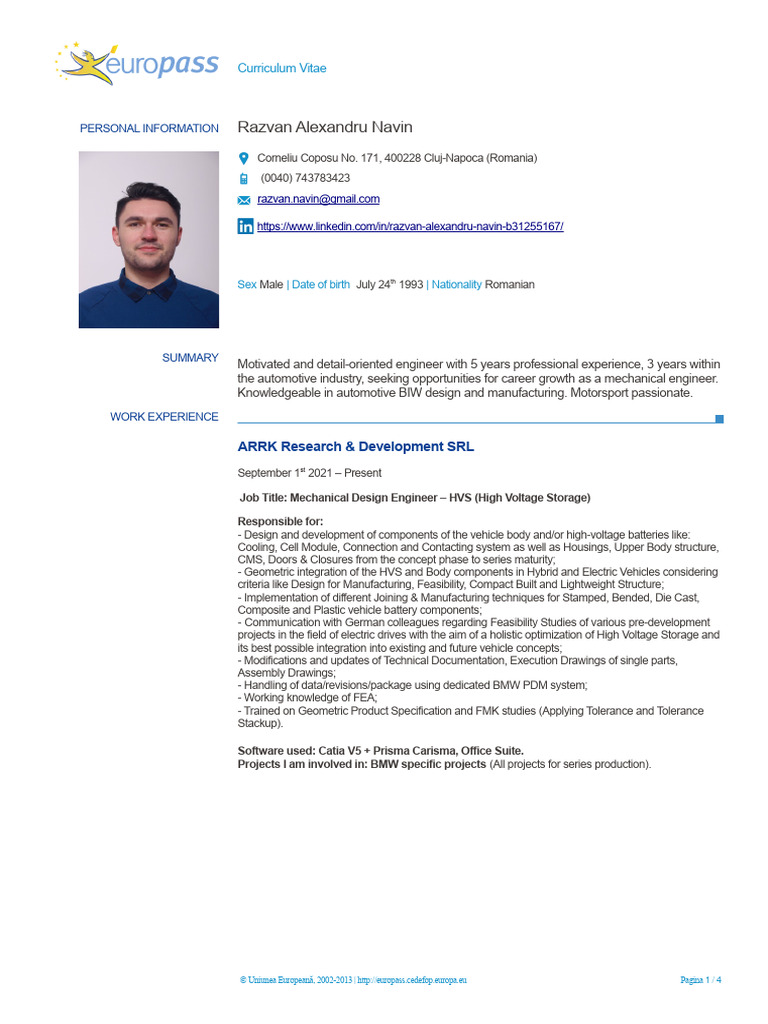 Europass_CV_Razvan_A_Navin_ENG_V2 | PDF | Mechanical Engineering ...