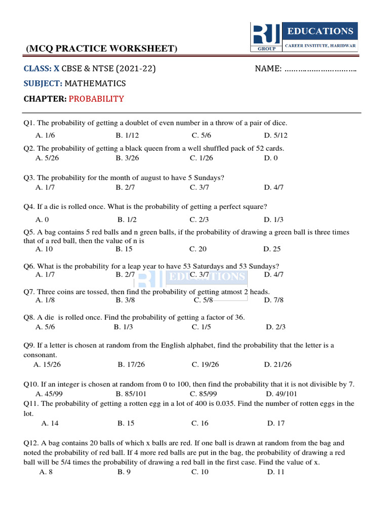 Probability Class X | PDF | Probability | Mathematics