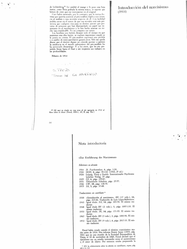 Freud, Sigmund. “Introducción del Narcisismo” | PDF Freud, Sigmund. “Introducción del Narcisismo” | PDF