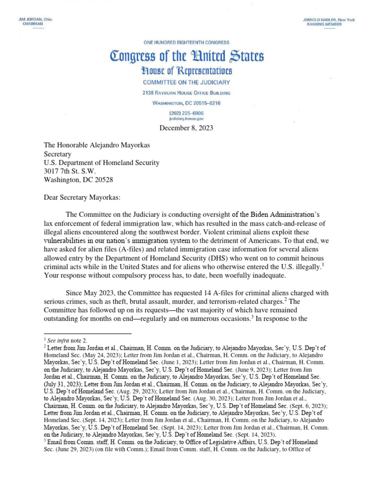 Jim Jordan Subpoena Cover Letter To Mayorkas | PDF