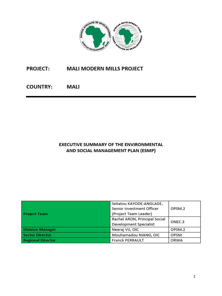 Mali - Mali Modern Mills Project - ESMP Summary | PDF