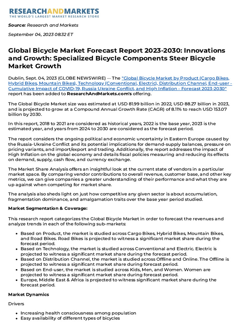 Global Bicycle Market Forecast Report 2023 2030 | PDF | Market ...