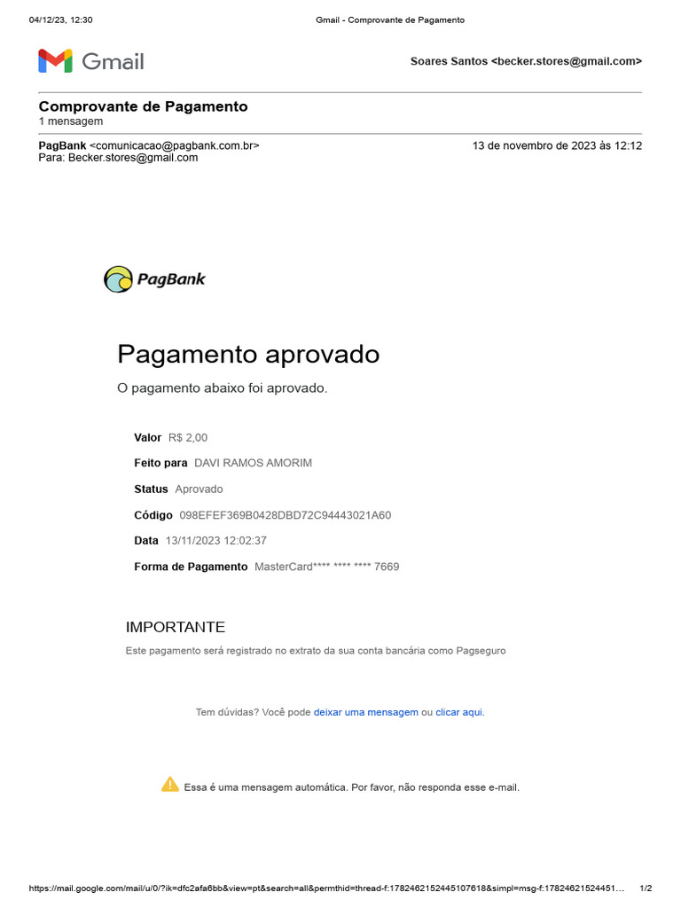 Gmail - Comprovante de Pagamento | PDF
