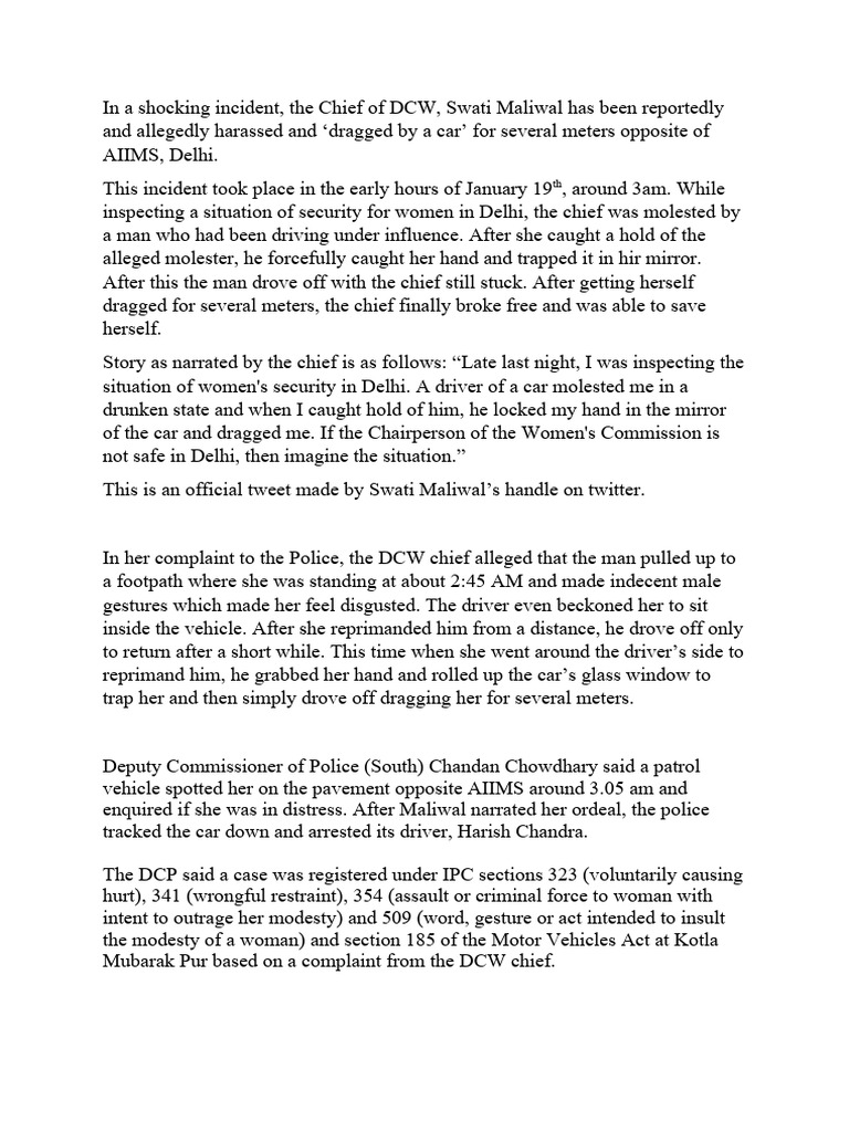 DCW Chief Harassed in Delhi Incident | PDF | Crime & Violence | Crimes