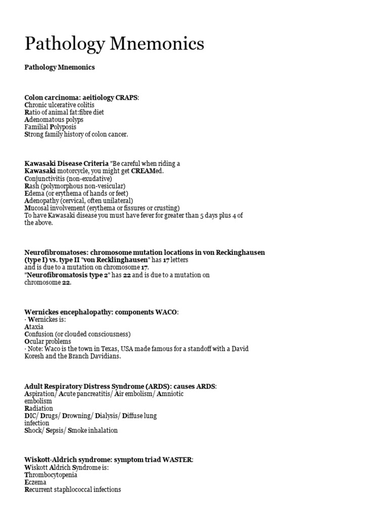 Pathology Mnemonics | PDF