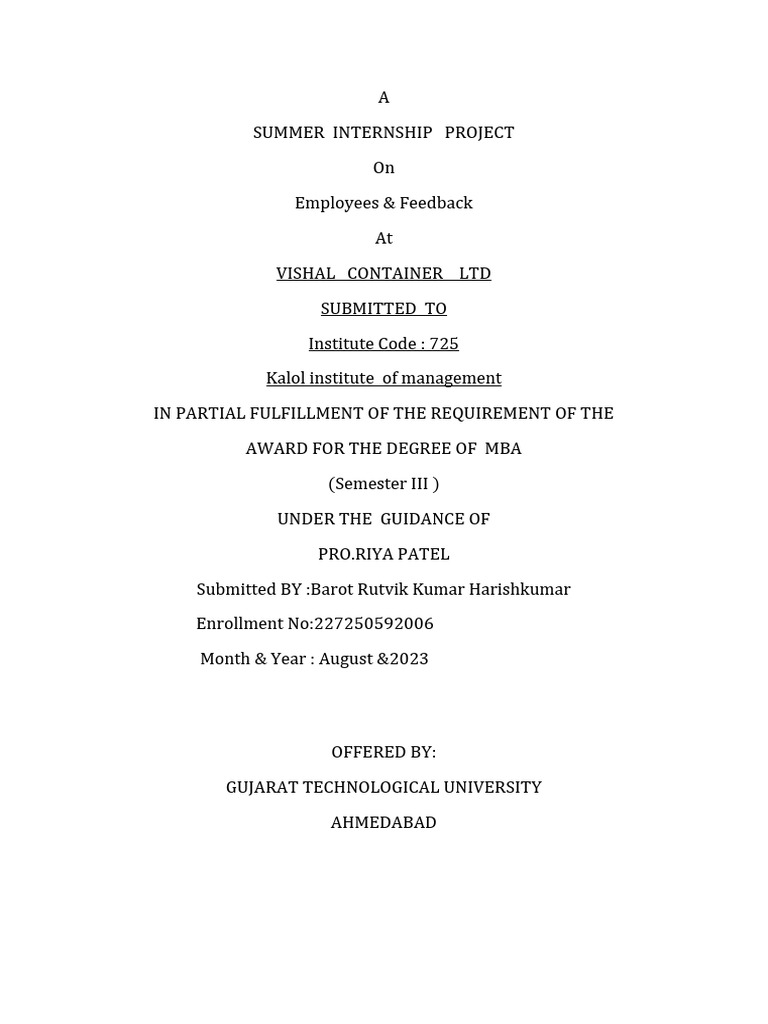 Summer Internship Project | PDF