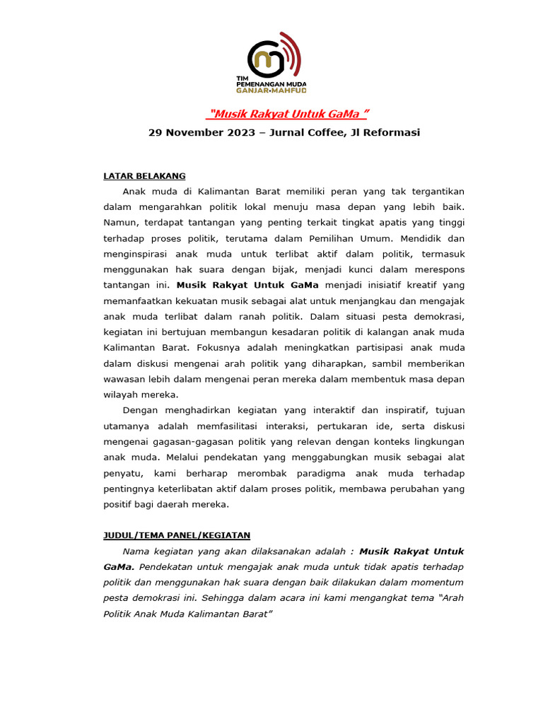 TOR Event & Project TPM (Musik Rakyat Untuk GaMa) | PDF