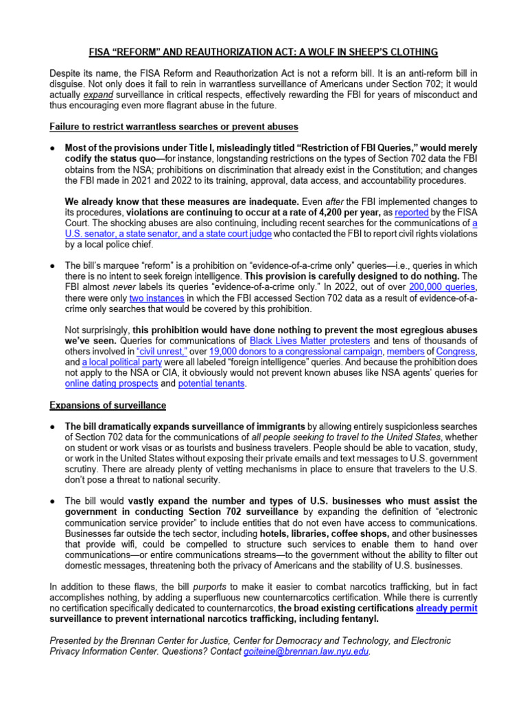 FISA Reform and Reauthorization Act One-Pager 12-8-23 | PDF | Politics ...