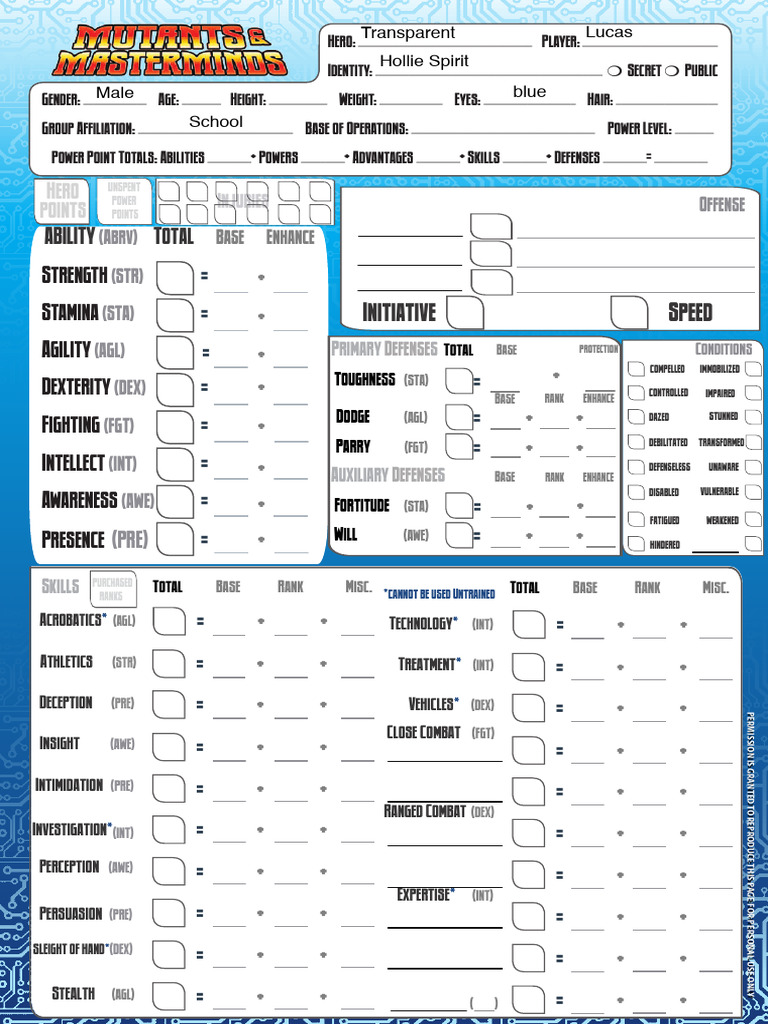 Fillable Superhero Character Sheet | PDF
