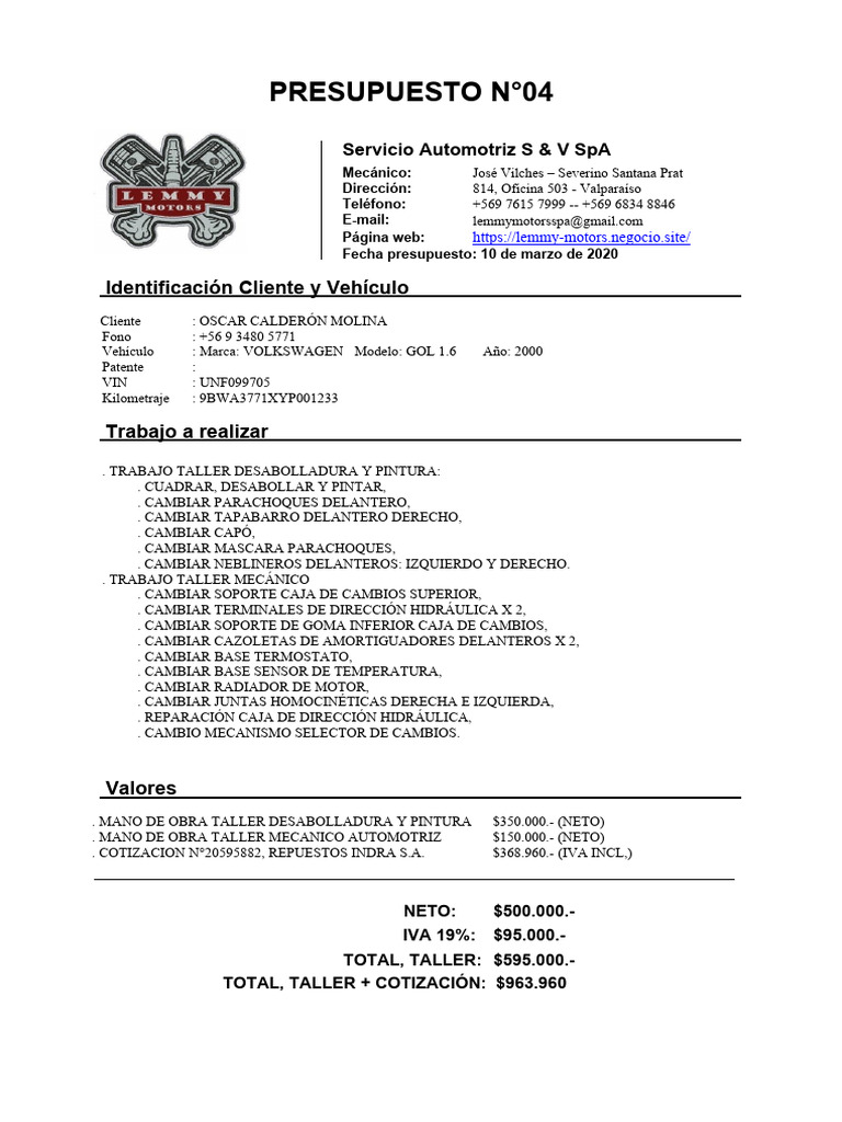 Presupuesto Taller | Descargar gratis PDF | Tecnologías automotrices | Ingeniería mecánica