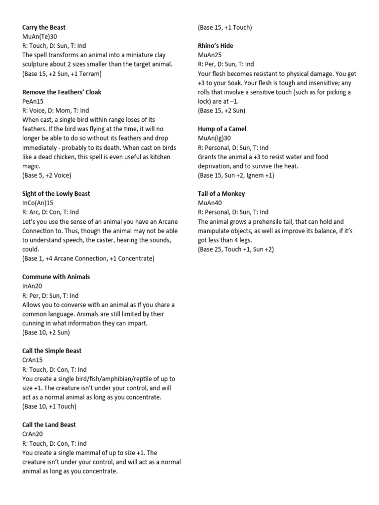 Animal Spells - Ars Magica | PDF