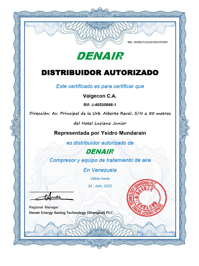 DENAIR Certificado de distribuidor autorizado para Valgecon C. | PDF DENAIR Certificado de distribuidor autorizado para Valgecon C. | PDF