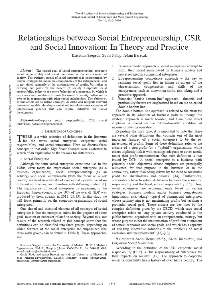 Relationships Between Social Entrepreneurship CSR and Social Innovation in Theory and Practice ...