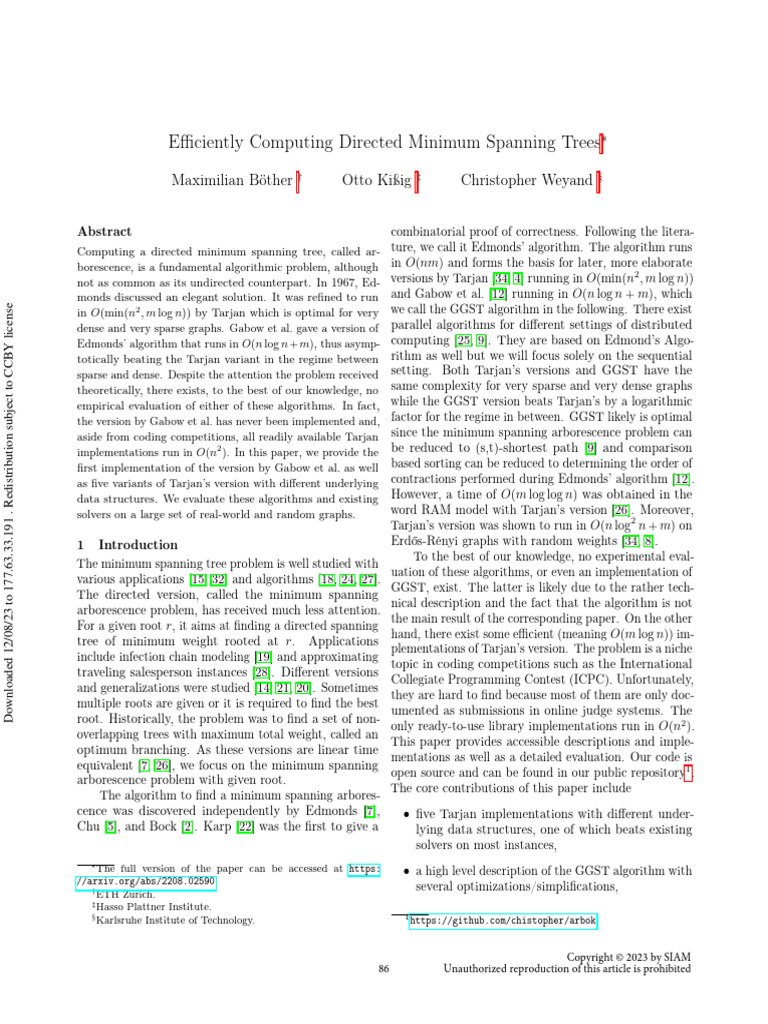 Efficiently Computing Directed Minimum Spanning Trees Pdf Vertex Graph Theory Discrete