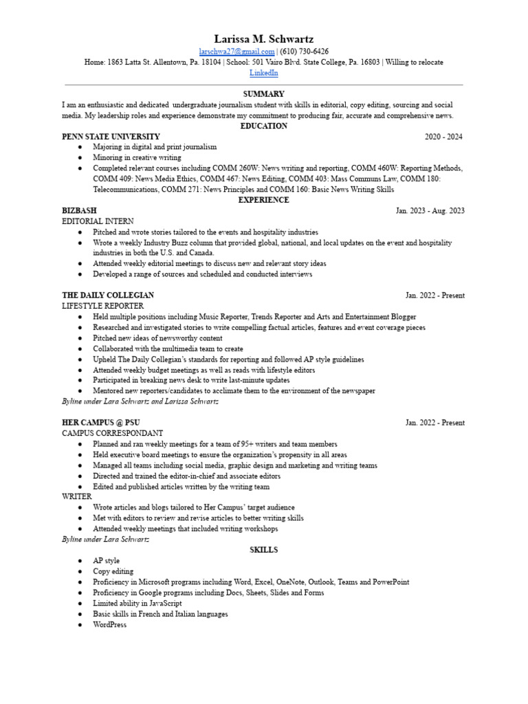 Schwartz Larissa Resume 1 | PDF | News | Editing