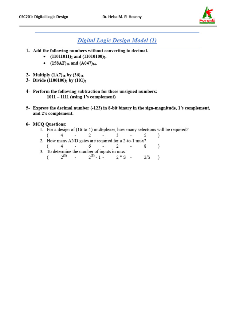 Digital Logic Design Quiz 1 | PDF