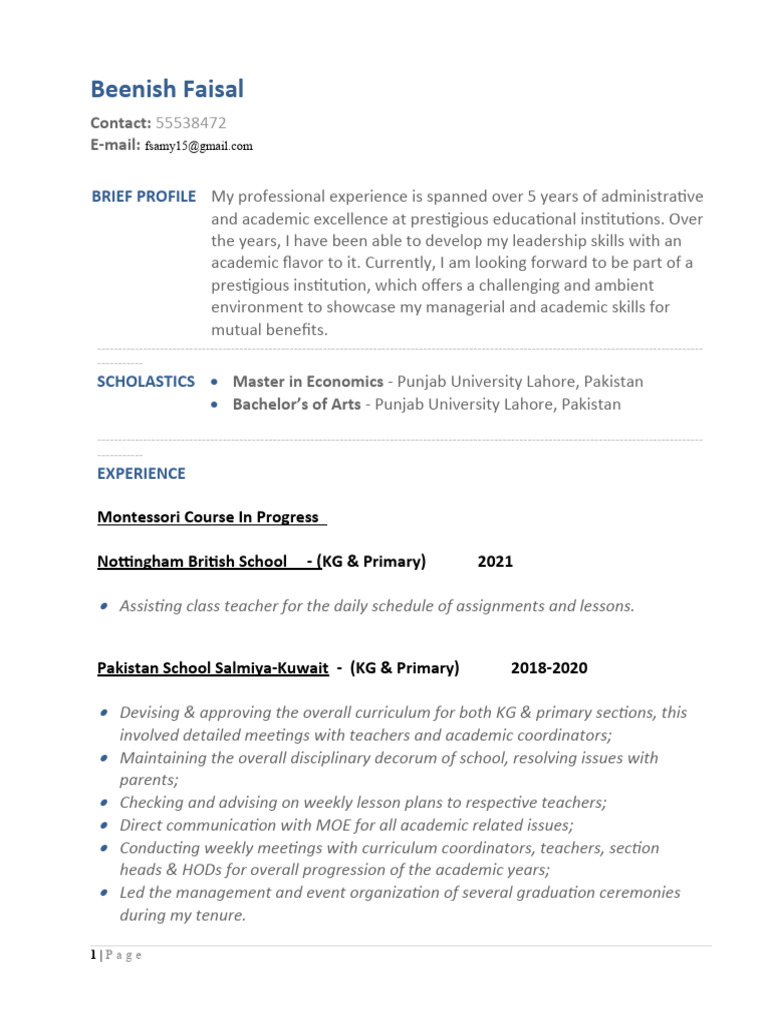 Beenish Faisal Resume | PDF | Career & Growth | Business