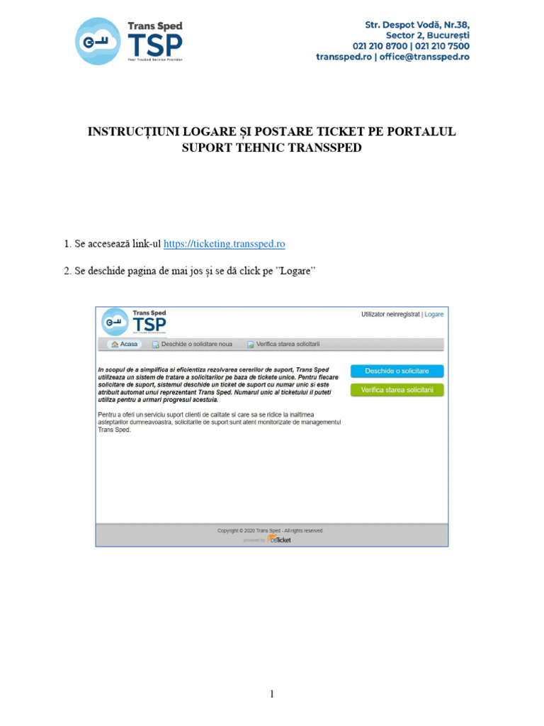 Instructiuni Logare Si Postare Ticket Portal Suport Tehnic Trans Sped-2020 | PDF