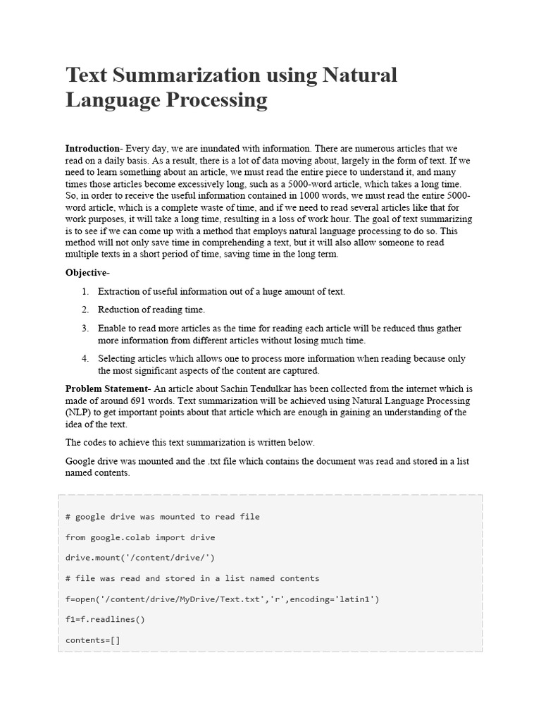 Text Summarization Using Natural Language Processing Pdf String Computer Science Text File