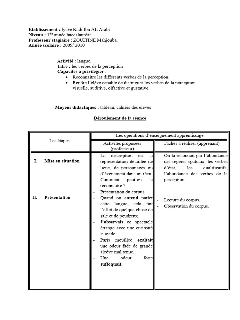 Verbes de Perception en Classe | PDF | la perception | Goût
