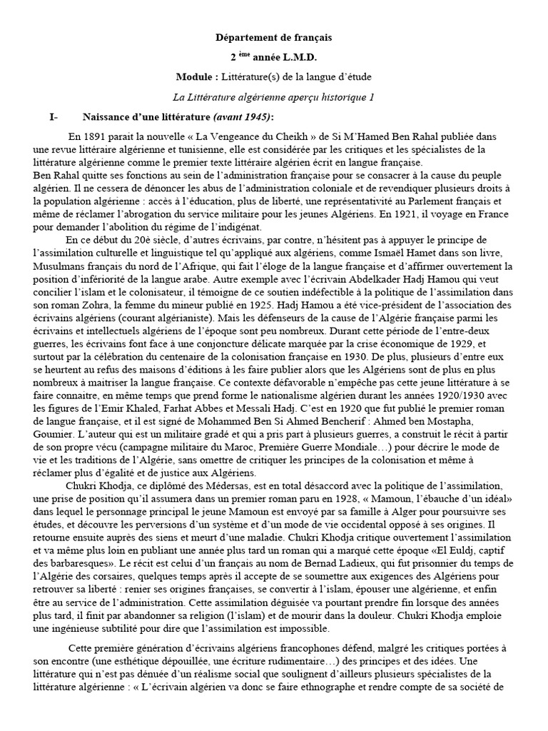 Apercu Historique Litt Algérien | PDF | Classiques