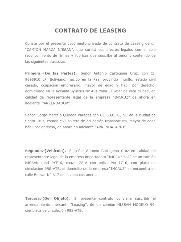 Contrato de Leasing | Descargar gratis PDF | Derecho empresarial