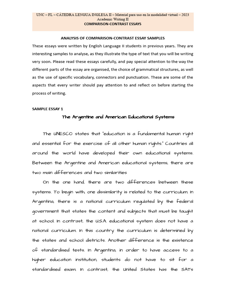 COMPARISON and CONTRAST ESSAYS - 2023 | PDF