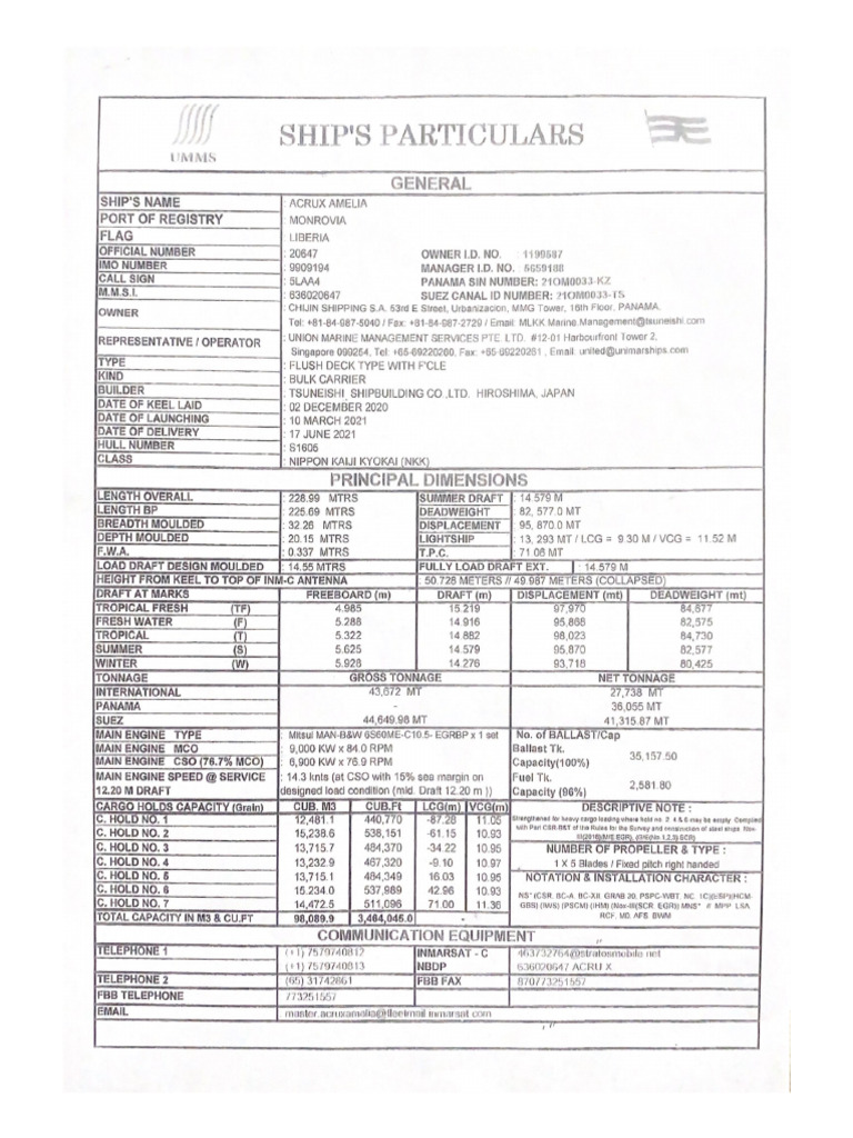 Mv Acrux Amelia - Ship's Particulars | PDF