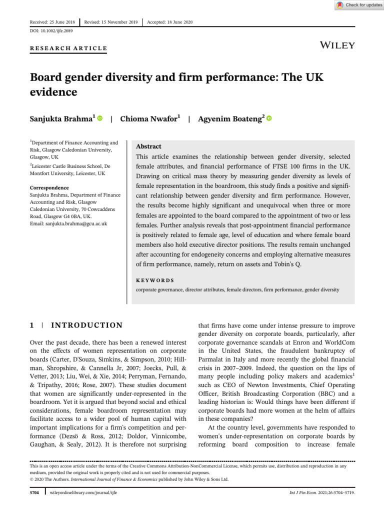 Board Gender Diversity and Firm Performance: The UK Evidence | PDF | Book Value | Board Of Directors