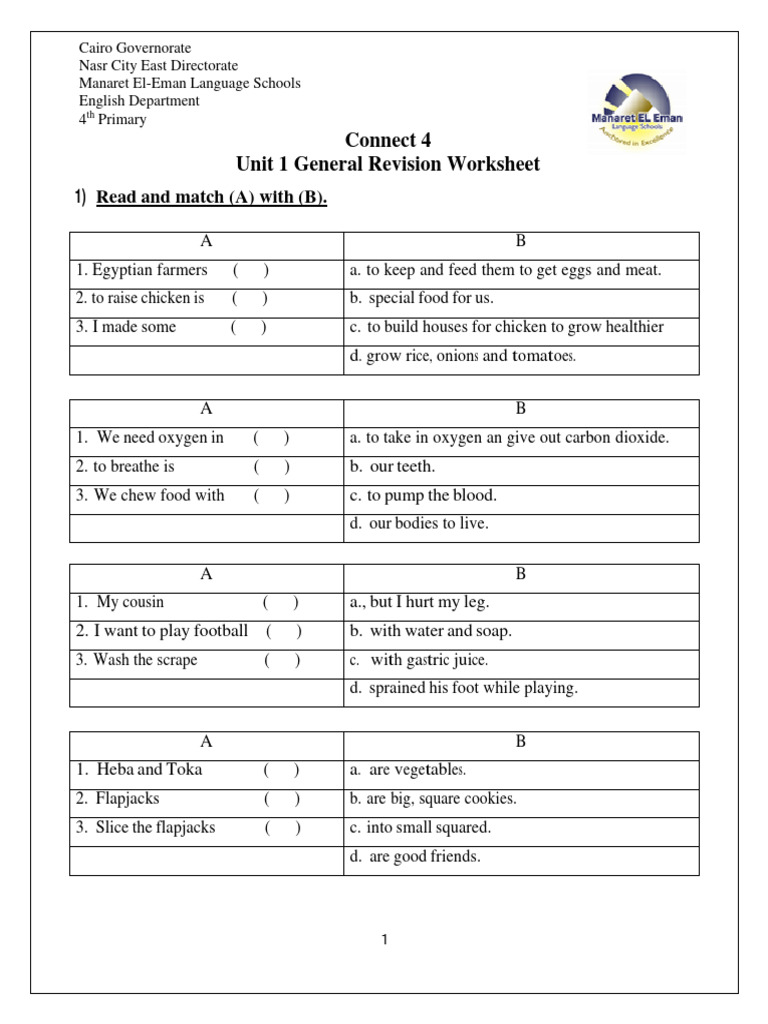 Grade 4, Connect 4, Unit 1 Revision Worksheet | PDF