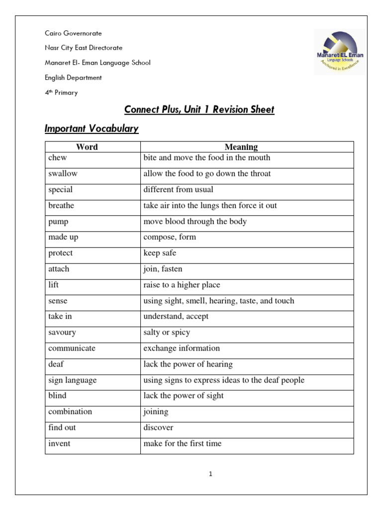 Grade 4 English Unit 1 Revision Sheet | PDF