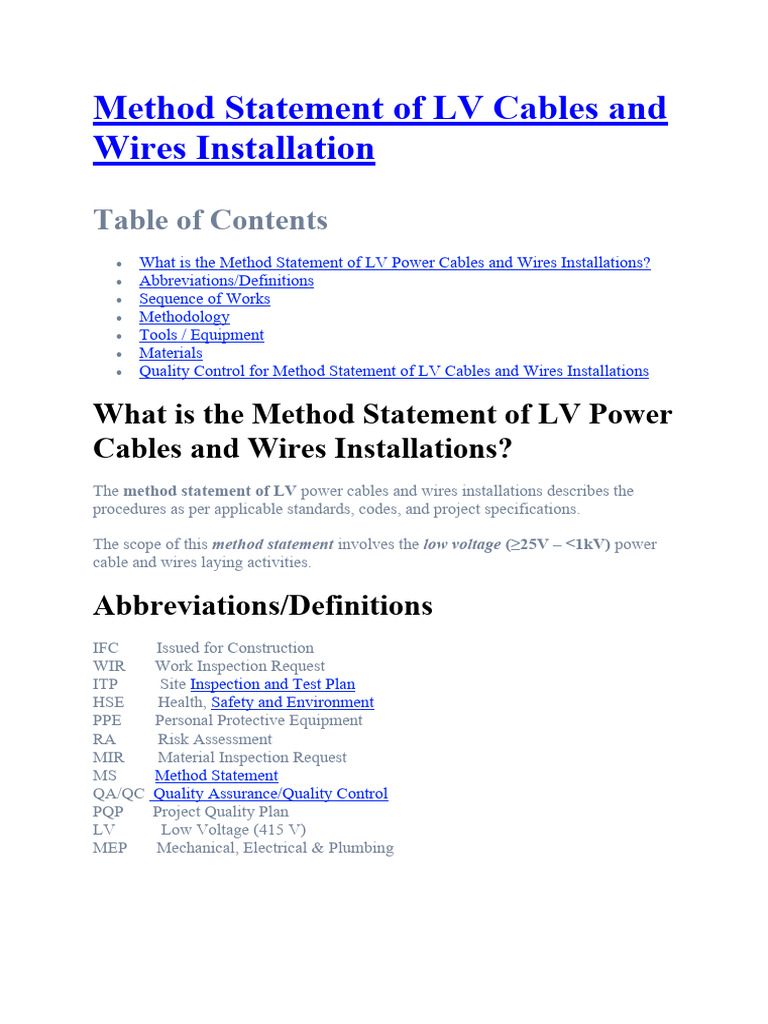 Method Statement of LV Cables and Wires Installation | PDF | Wire | Equipment