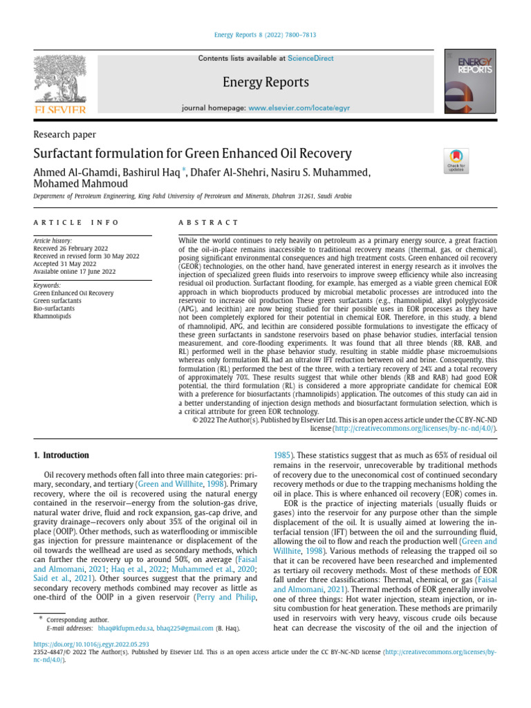 Surfactant Formulation For Green Enhanced Oil Recovery | Download Free ...