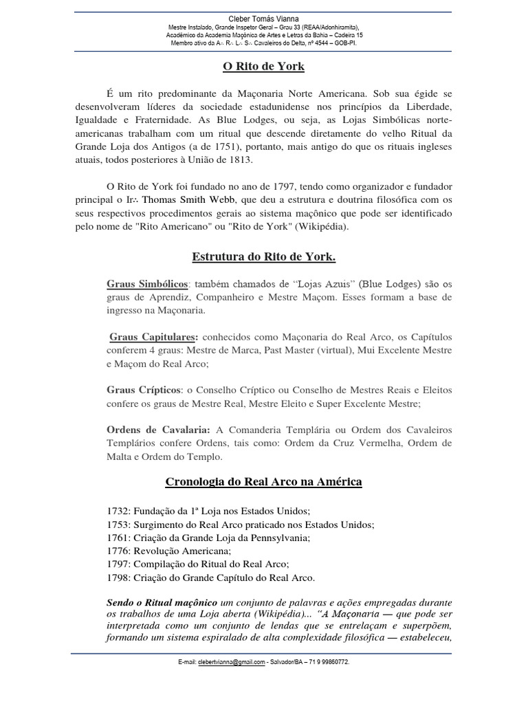 Rito de York: Estrutura e História Maçônica | PDF