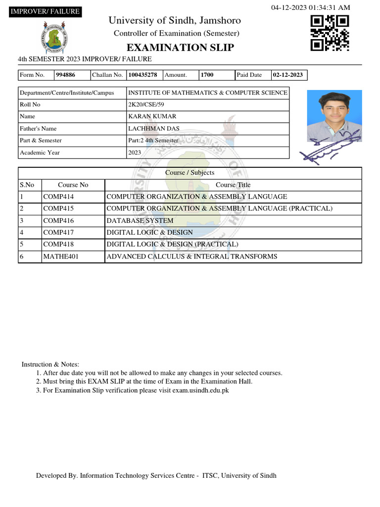 4TH Semester Slip | PDF