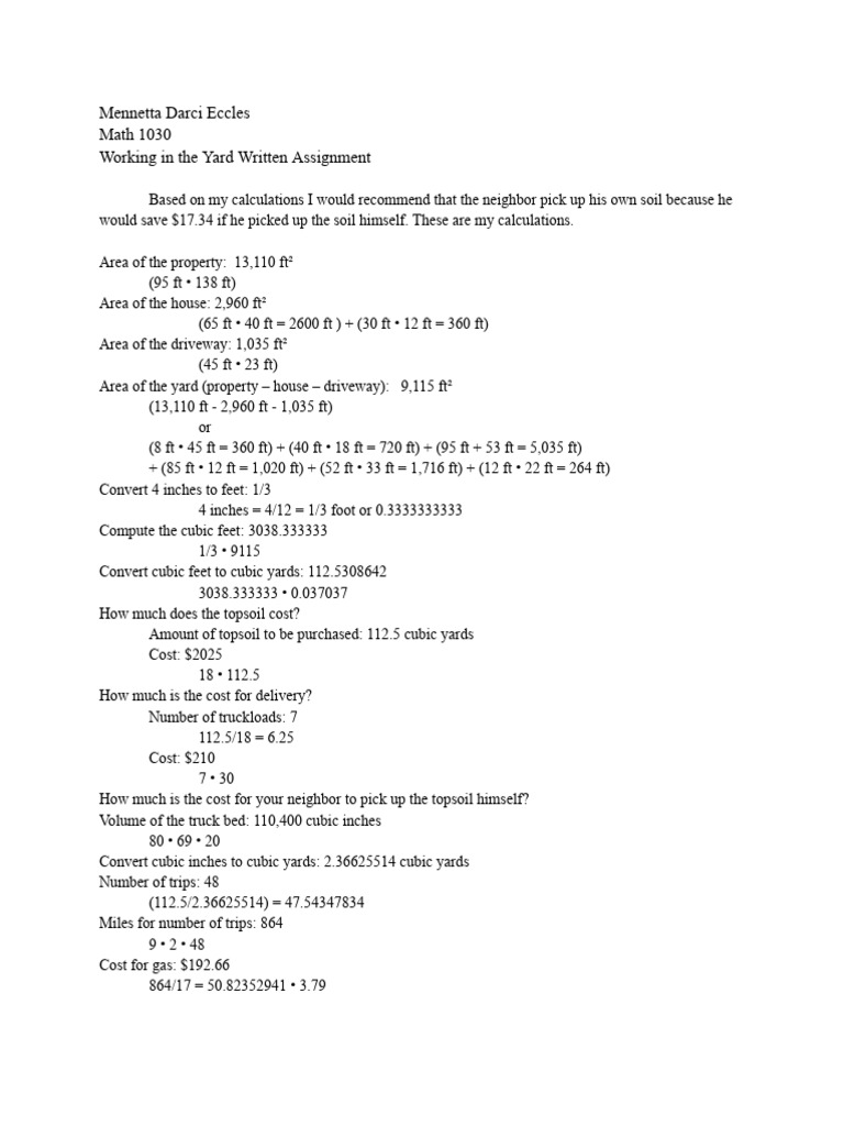 Math 1030 - Working in The Yard Written Assignment - Mennetta Darci Eccles | PDF