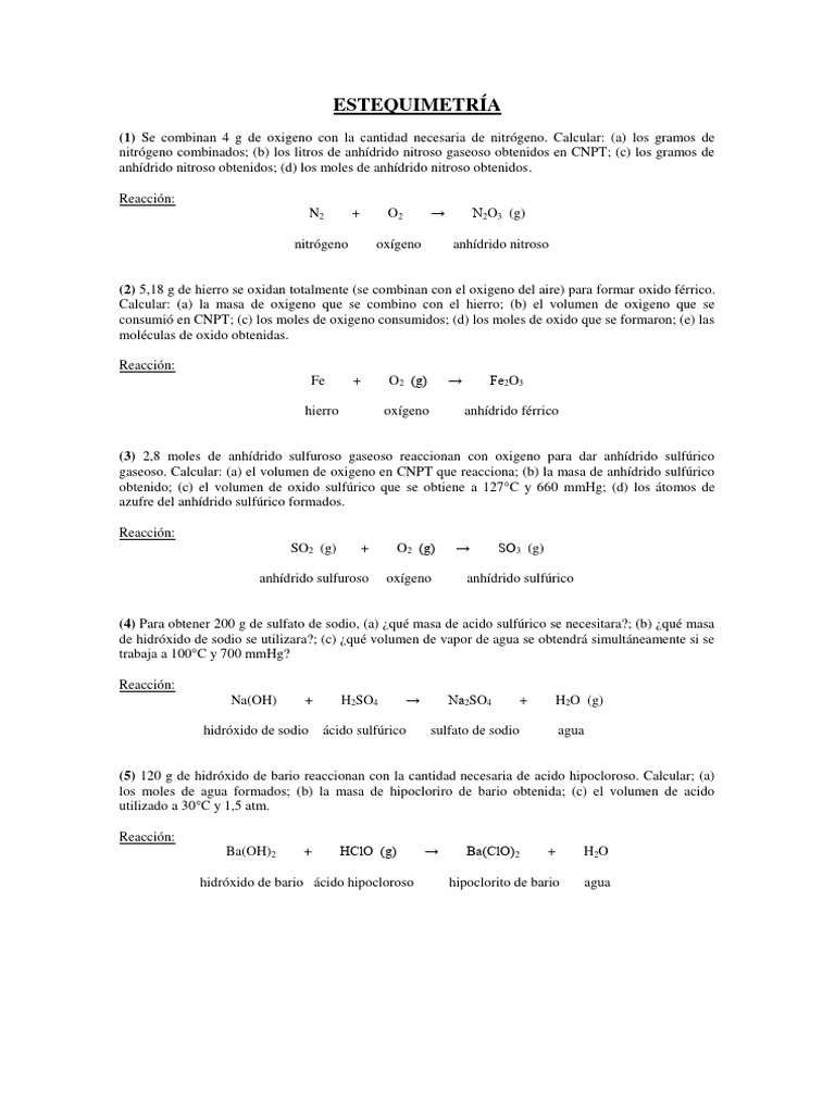 Guia de Ejercicios - Estequimetría | PDF | Ácido | Hidróxido