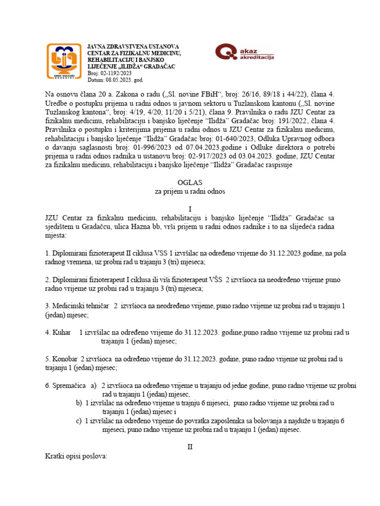 Javni Oglas Za Prijem Radnika Maj 2023 | PDF