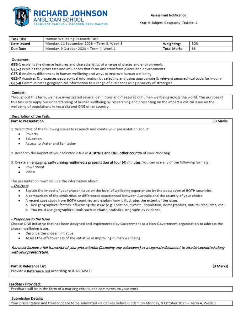 Year 9 Geography Wellbeing Task | PDF | Information | Science