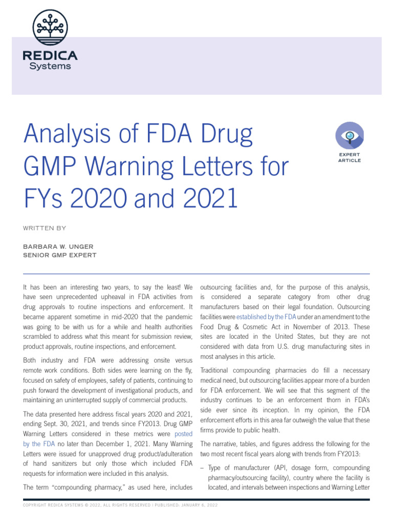 Analysis of FDA Drug GMP WLs For FYs 2020 2021 Barbara W. Unger Ad ...