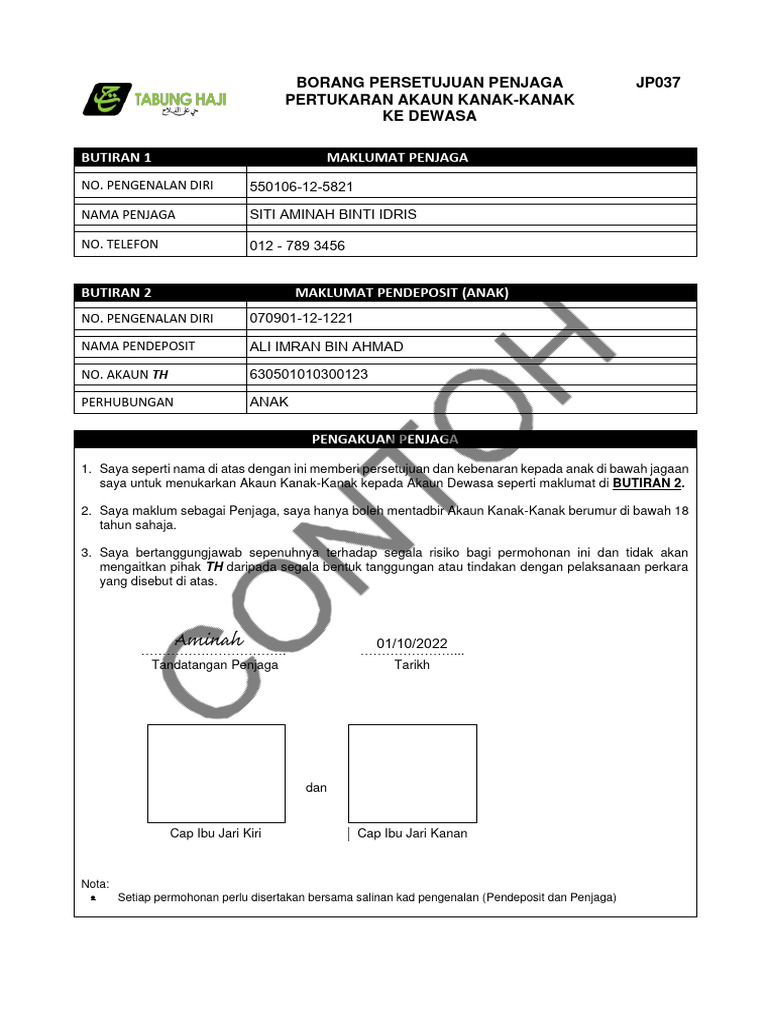 Borang_JP037_-_Borang_Persetujuan_Penjaga_Pertukaran_Akaun_Kanak-Kanak_Ke_Dewasa | PDF