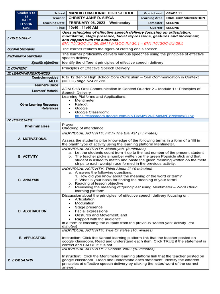 I. Objectives Content Standards Performance Standards Specific ...