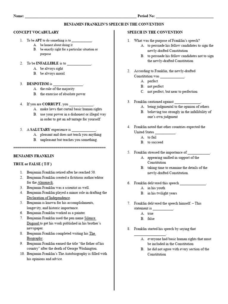 Worksheet - Benjamin Franklin's Speech in The Convention | Download ... Worksheet - Benjamin Franklin's Speech in The Convention | Download ...